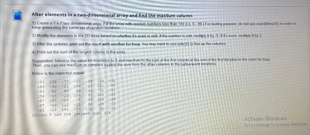 Solved Alter elements in a two-dimensional array and find | Chegg.com