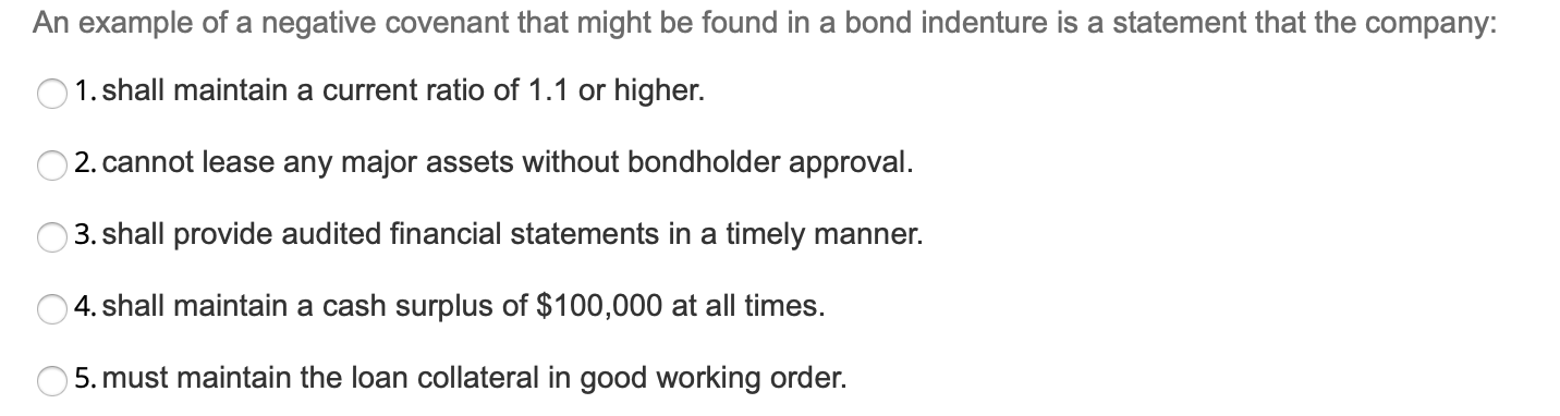 Solved An example of a negative covenant that might be found | Chegg.com