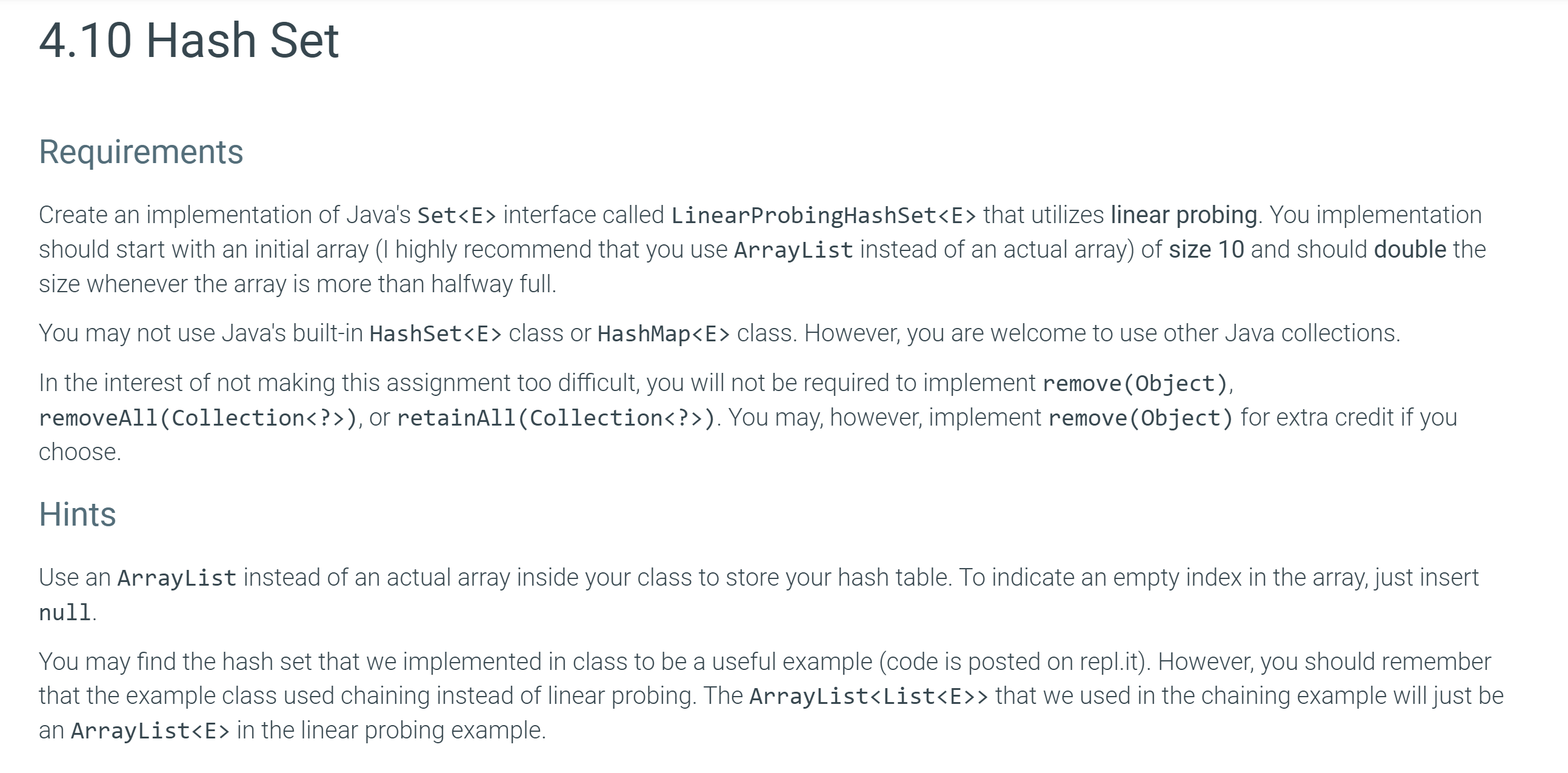4.10 Hash Set Requirements Create an implementation | Chegg.com