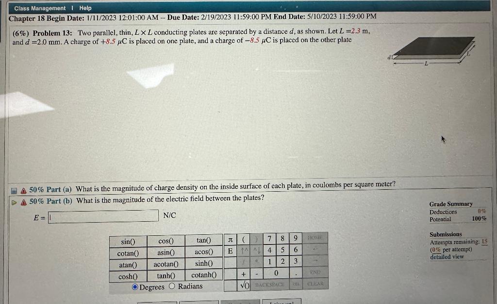 Solved (6\%) Problem 13: Two parallel, thin, L×L conducting | Chegg.com