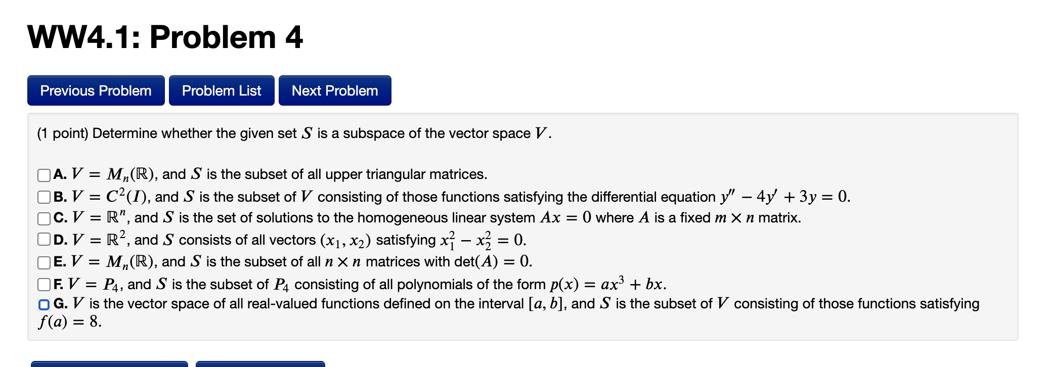 Solved (1 point) Determine whether the given set S is a | Chegg.com