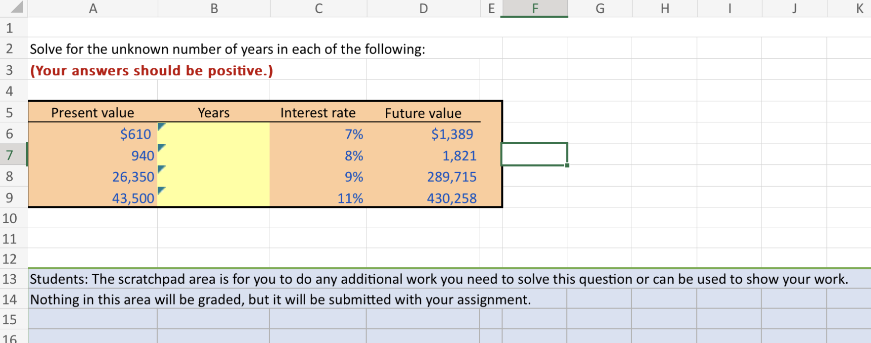 Solved Please find the excel formula that solves for years | Chegg.com