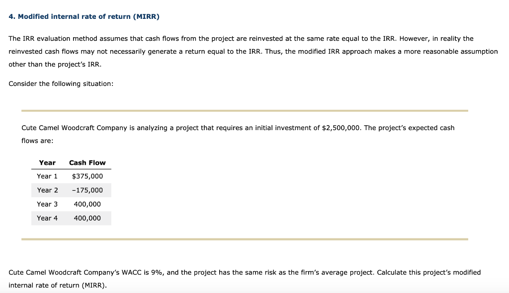 Solved 4. Modified internal rate of return (MIRR) The IRR | Chegg.com