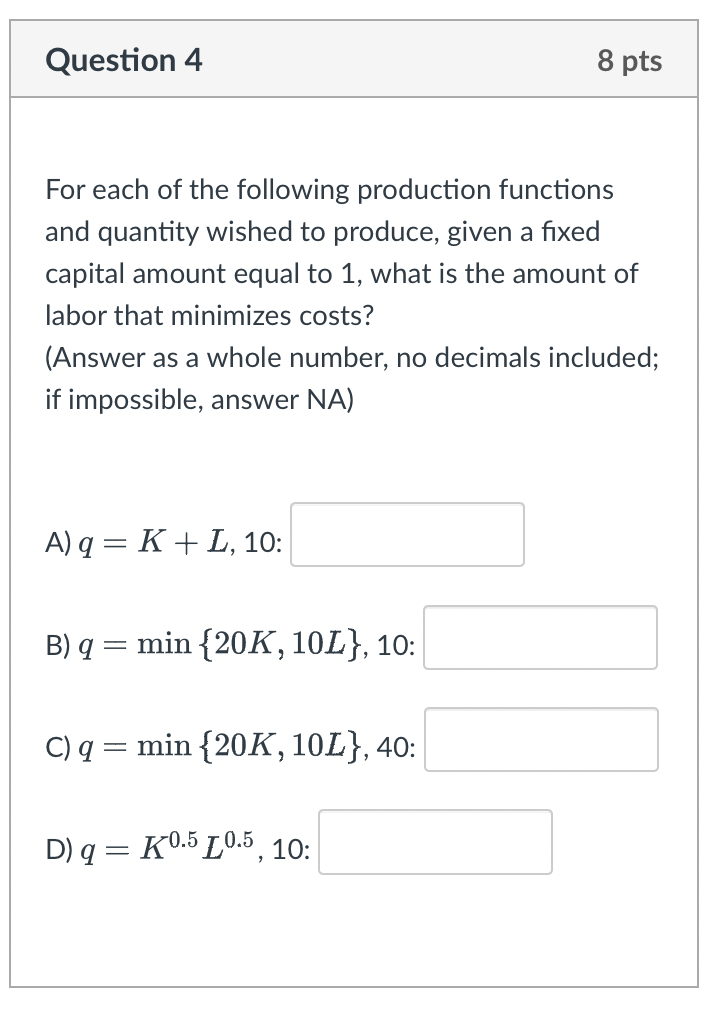 Solved For each of the following production functions and | Chegg.com