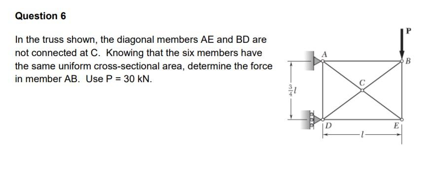 Solved Question 6 P In the truss shown, the diagonal members | Chegg.com
