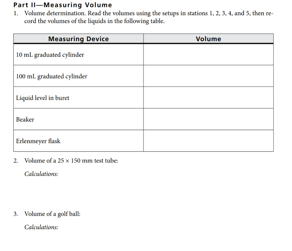 Part II-Measuring Volume 1. Volume determination. | Chegg.com