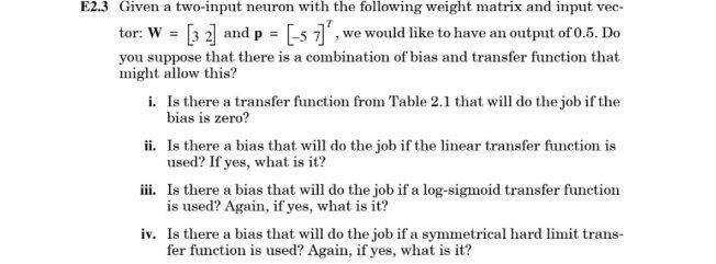 Solved E2.3 Given a two-input neuron with the following | Chegg.com