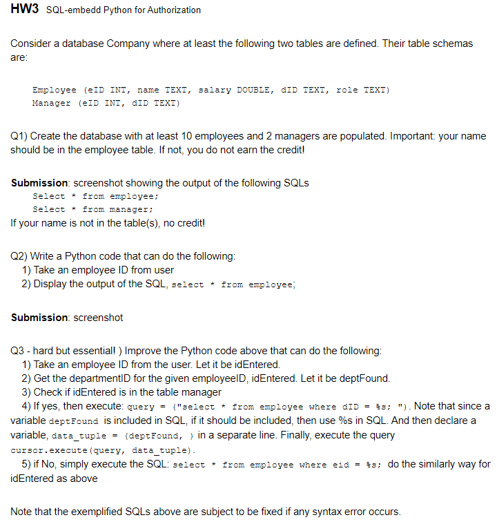 Solved HW3 SQL-embedd Python for Authorization Consider a | Chegg.com