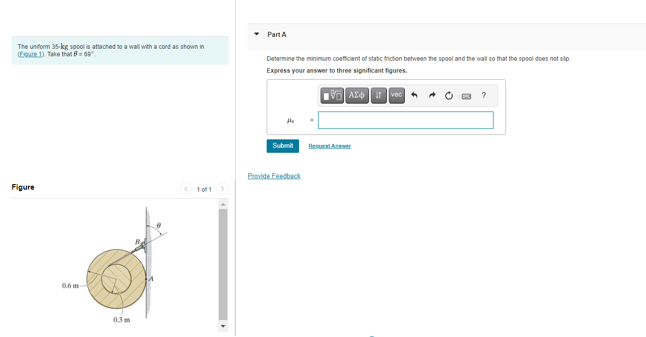 Solved The uniform 35−kg spool is attached to a wall with a | Chegg.com