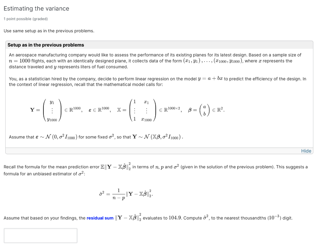Solved Estimating the variance 1 point possible (graded) Use | Chegg.com