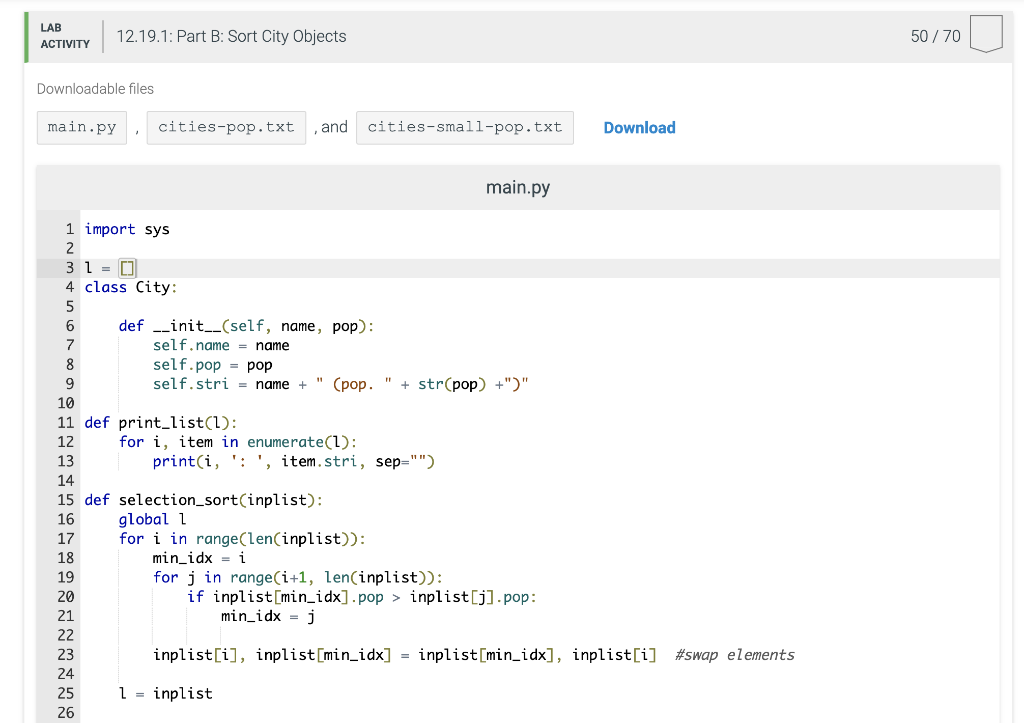 Solved 12.19 Part B: Sort City Objects Instructions In this | Chegg.com