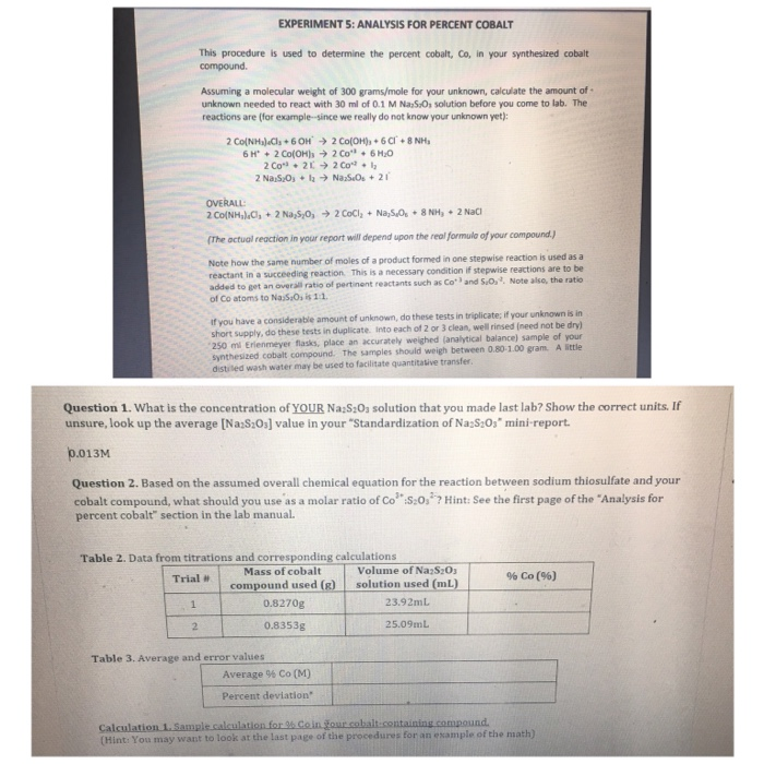 Solved EXPERIMENT S:ANALYSIS FOR PERCENT COBALT This | Chegg.com