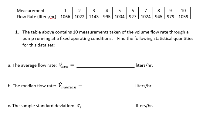 Solved Measurement 1 Flow Rate (liters/hr) 1066 2 3 4 5 6 7 | Chegg.com