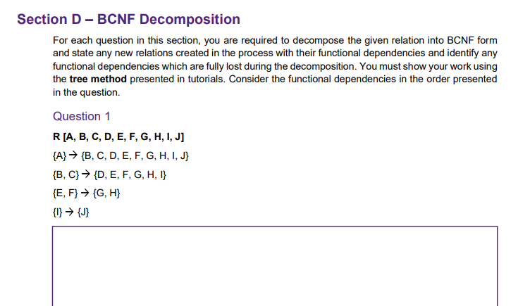 Solved Section D-BCNF Decomposition For each question in | Chegg.com