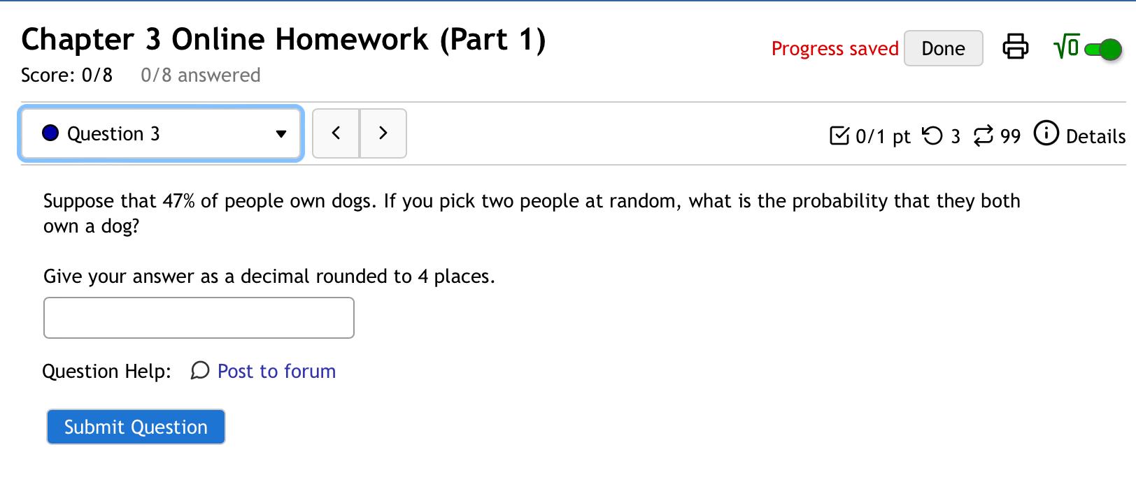 Solved Chapter 3 Online Homework (Part 1) Progress saved | Chegg.com