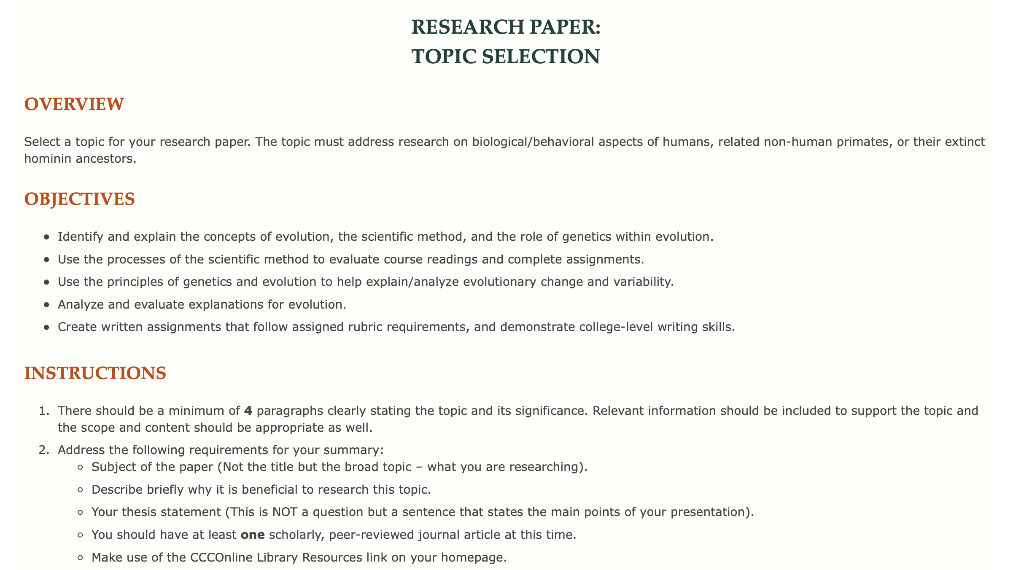 RESEARCH PAPER: TOPIC SELECTION OVERVIEW Select a | Chegg.com