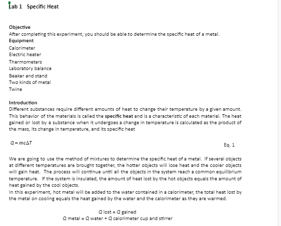 Solved Lab 1 Specific Heat Objective After completing this | Chegg.com