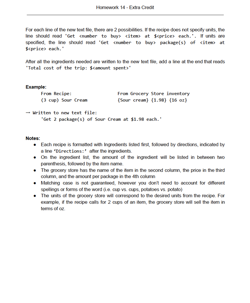Solved Homework 14 Extra Credit Function Name: recipe Inputs | Chegg.com