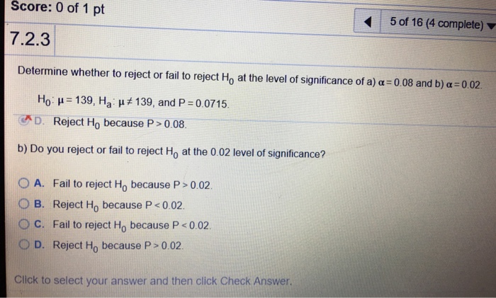 Solved determine whether to reject or fail to reject H0 at | Chegg.com
