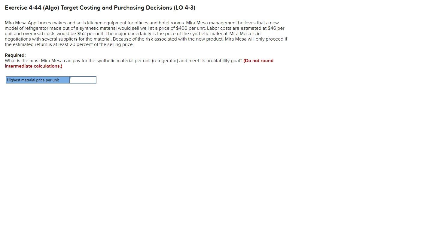 Solved Exercise 4-43 (Algo) Target Costing and Pricing (LO | Chegg.com