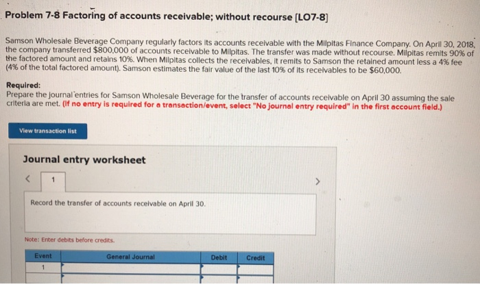 Solved Problem 7-8 Factoring of accounts receivable; without | Chegg.com