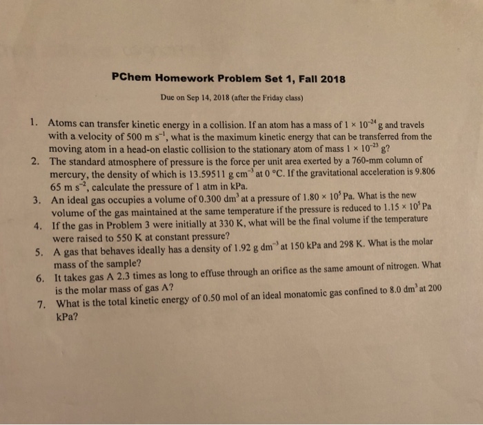 Solved PChem Homework Problem Set 1, Fall 2018 Due on Sep | Chegg.com