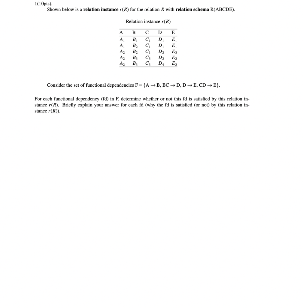 Solved 1(10pts). Shown below is a relation instance r(R) for | Chegg.com