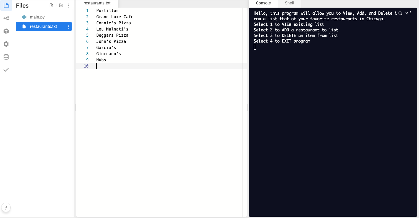 Solved main.py Console Shell allRestaurants.close() 8 # # | Chegg.com