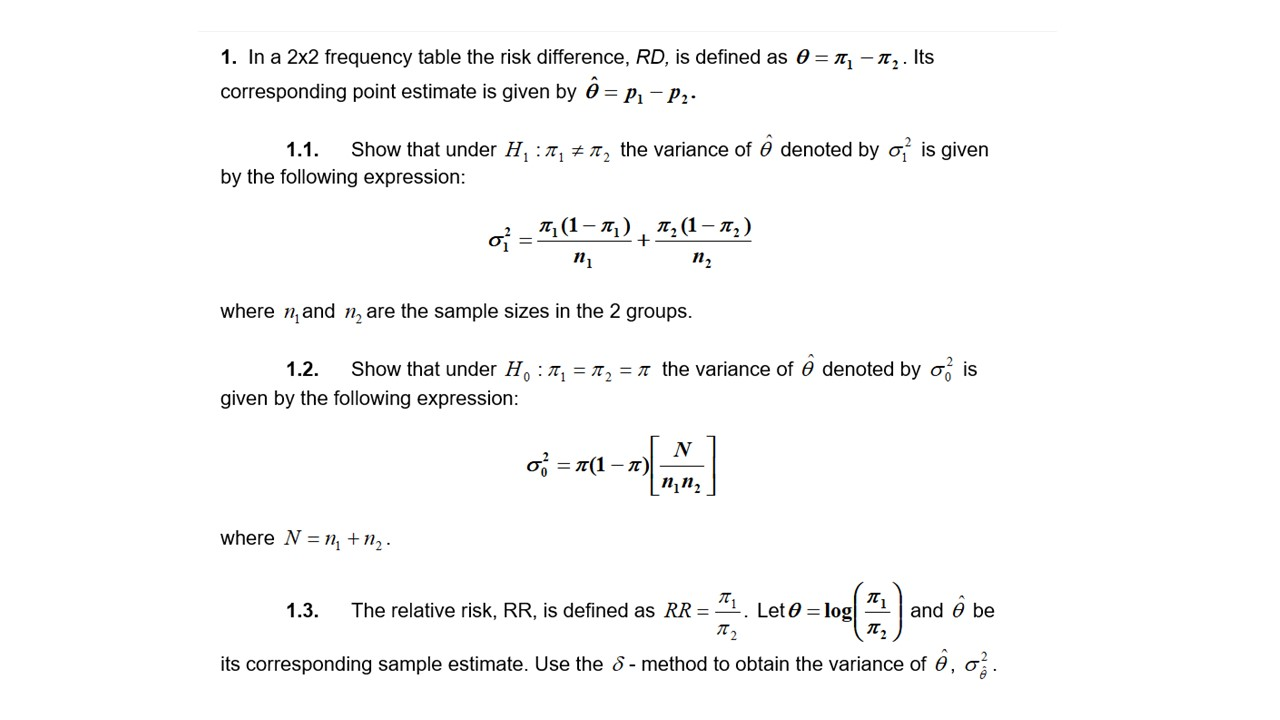 1. In a 2x2 frequency table the risk difference, RD, | Chegg.com
