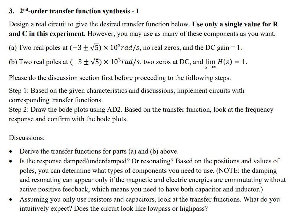 Solved 3. 2nd -order transfer function synthesis - I Design | Chegg.com