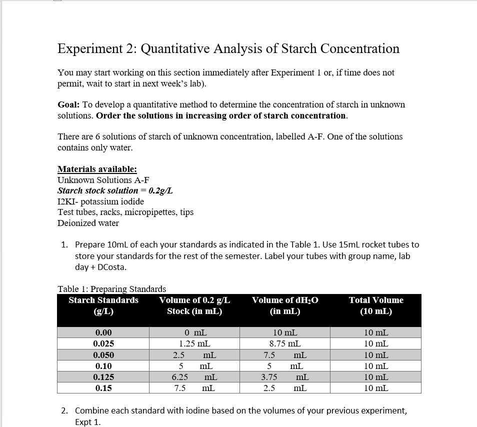 Solved Experiment 2: Quantitative Analysis of Starch | Chegg.com