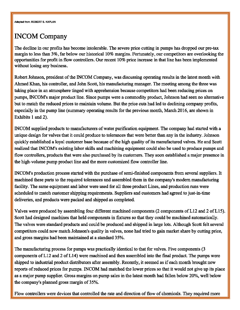 Solved Adapted from: ROBERT S. KAPLAN INCOM Company The | Chegg.com