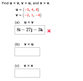 Solved Find u x v, v x u, and v x v. u (-5, 4, 8) v (-2, | Chegg.com