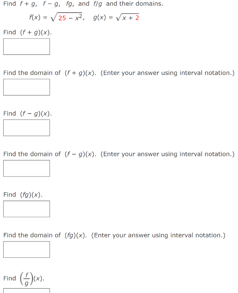 Solved Find the domain of (f/g)(x) (Enter your answer | Chegg.com