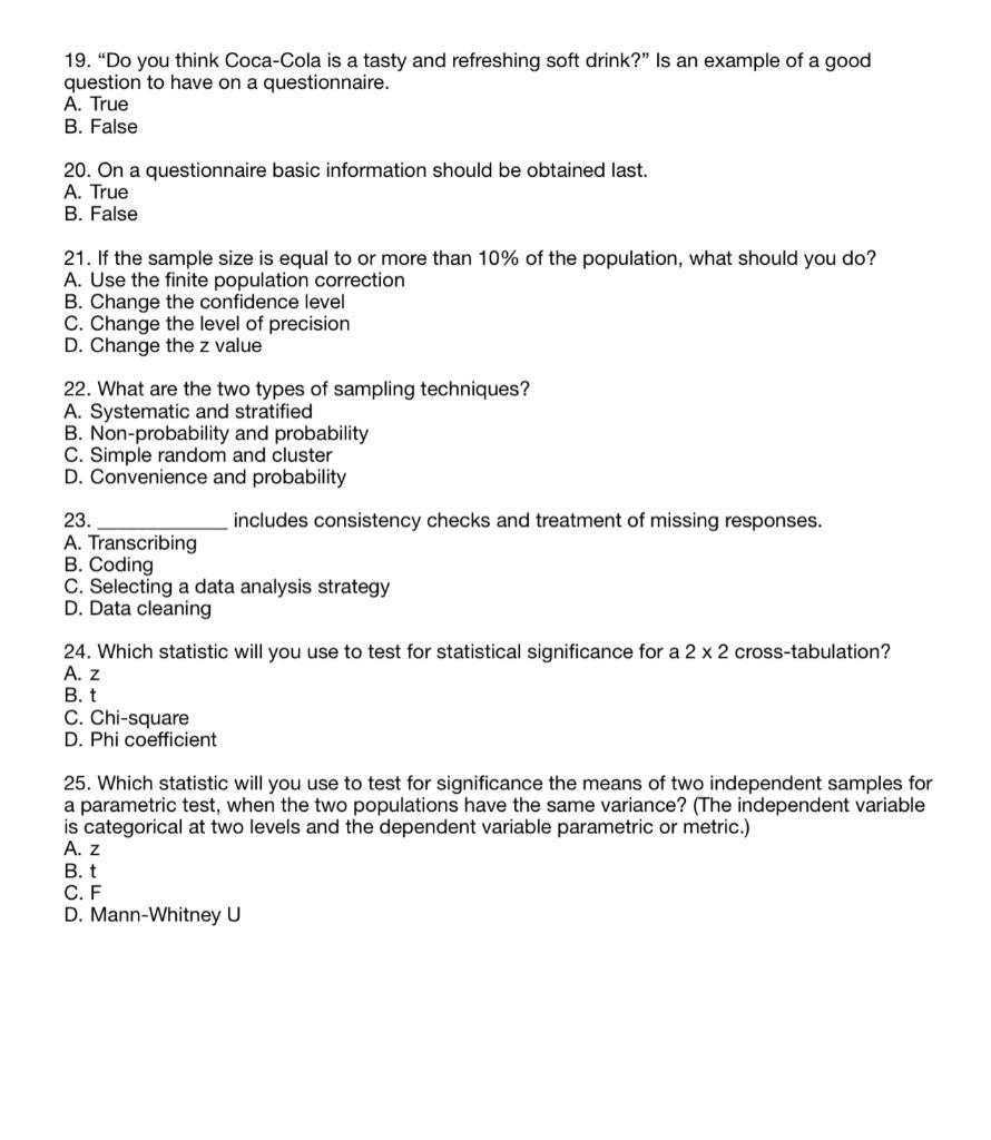 Solved 19. “Do you think Coca-Cola is a tasty and refreshing | Chegg.com