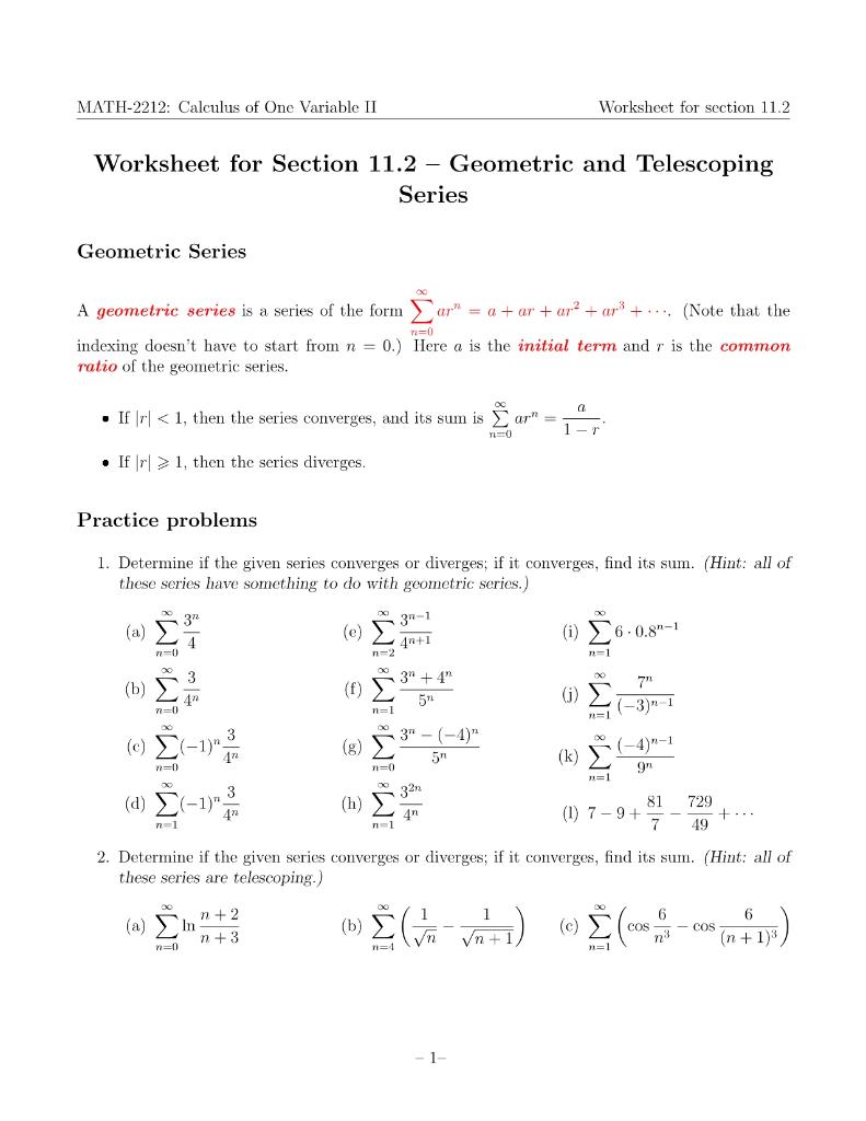 Worksheet for Section 11.2 - Geometric and | Chegg.com