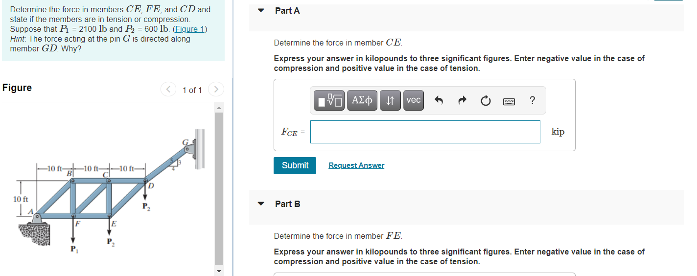 Solved Part A Determine The Force In Members Ce Fe And Cd