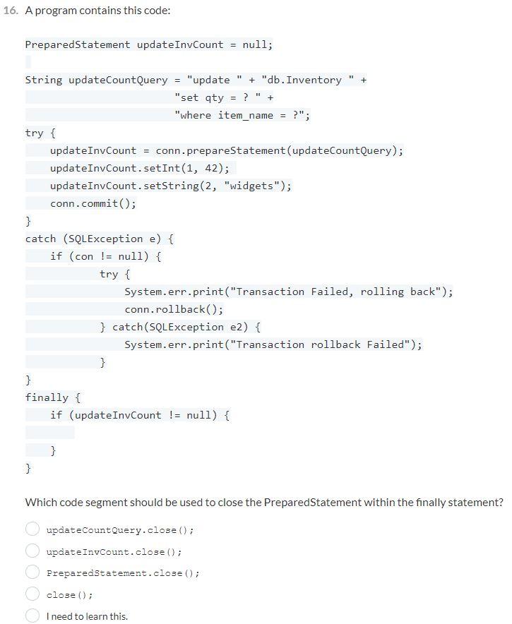 Solved 6. A program contains this code: PreparedStatement | Chegg.com