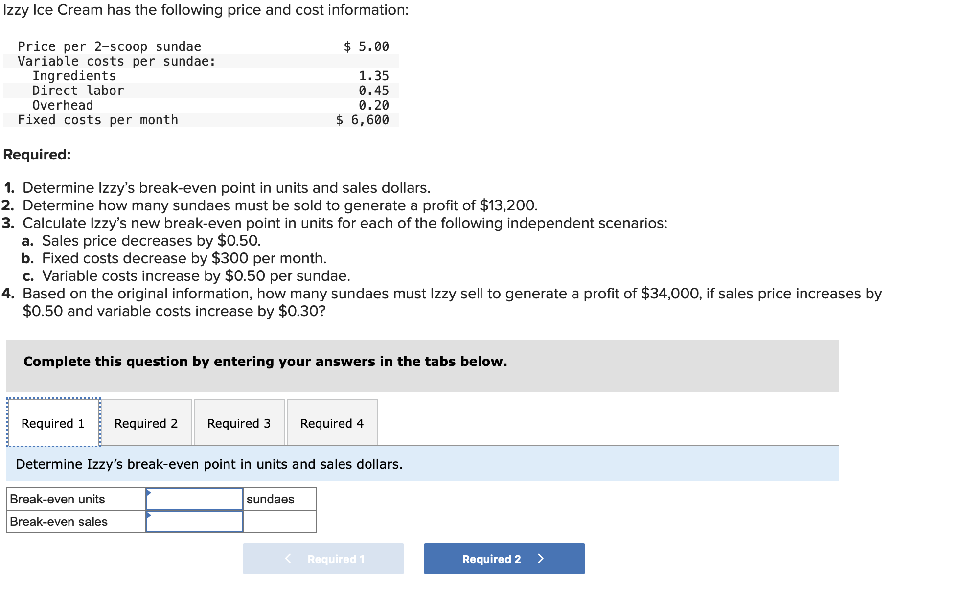 Solved 1. Determine Izzy's break-even point in units and | Chegg.com