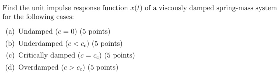 Solved Find the unit impulse response function x(t) of a | Chegg.com