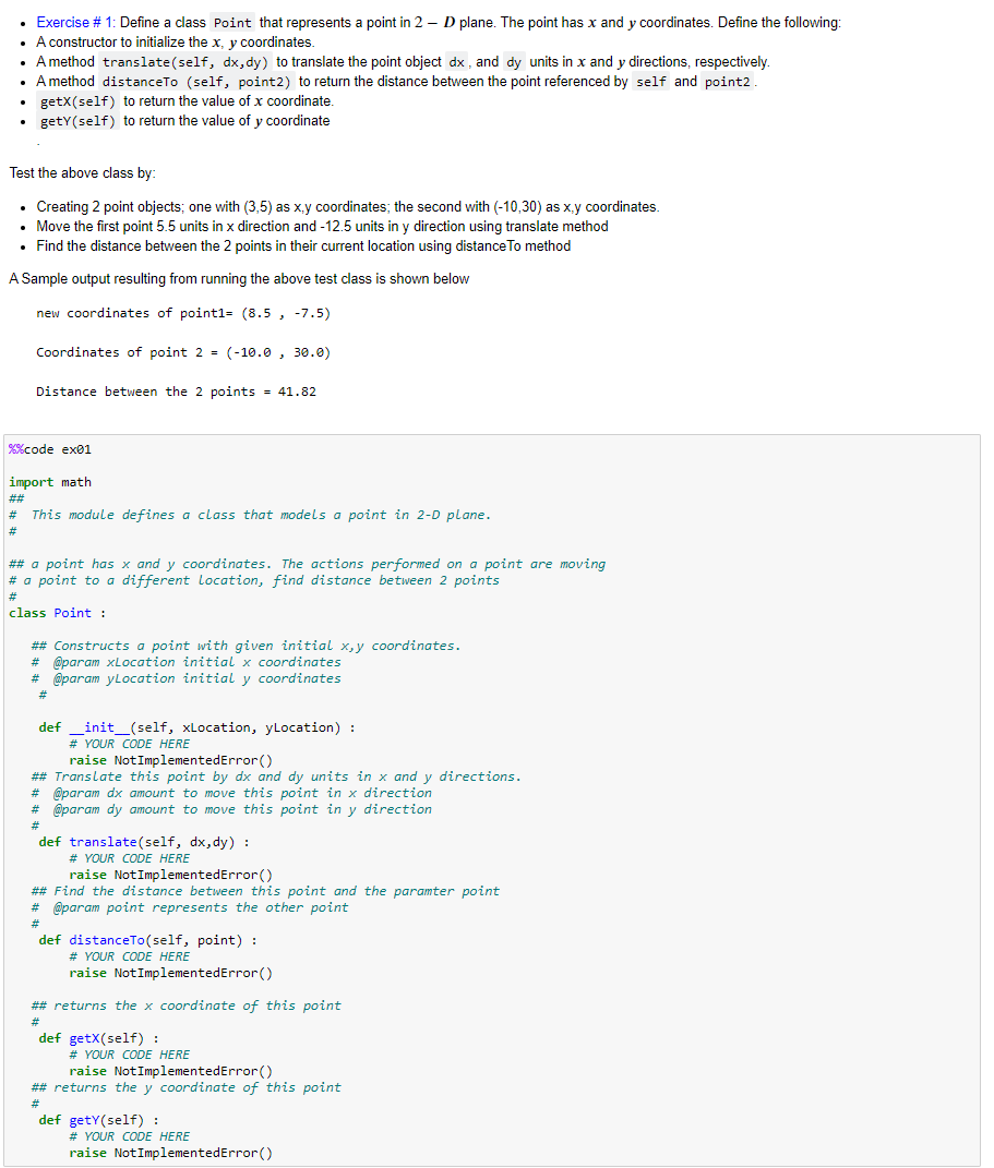 Solved Exercise 1 Define A Class Point That Represents A Chegg