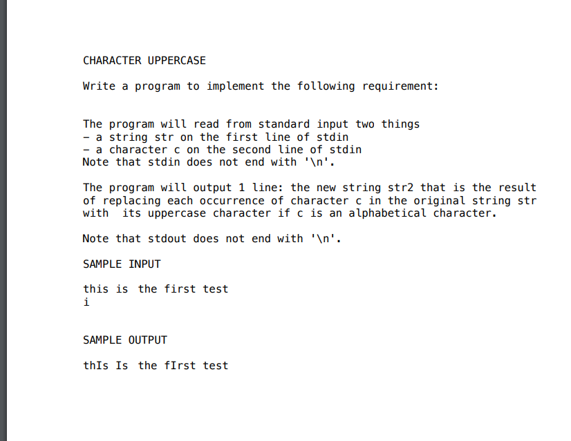 Solved CHARACTER UPPERCASE Write a program to implement the | Chegg.com
