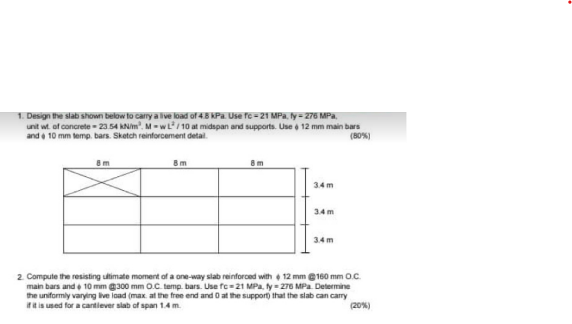 Solved 1. Design the slab shown below to carry a live load | Chegg.com