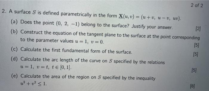 Solved 2 of 2 2. A surface S is defined parametrically in | Chegg.com