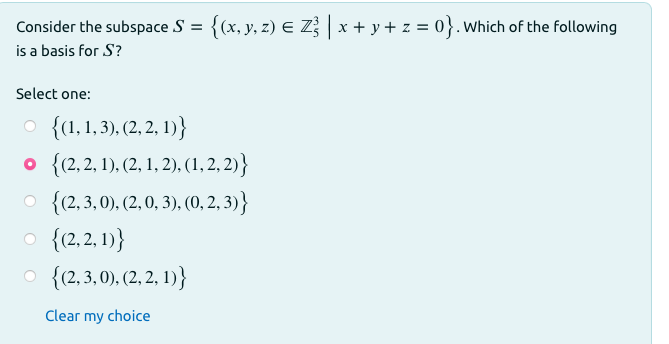 Solved Consider the subspace S={(x,y,z)inZ53|x+y+z=0}. | Chegg.com