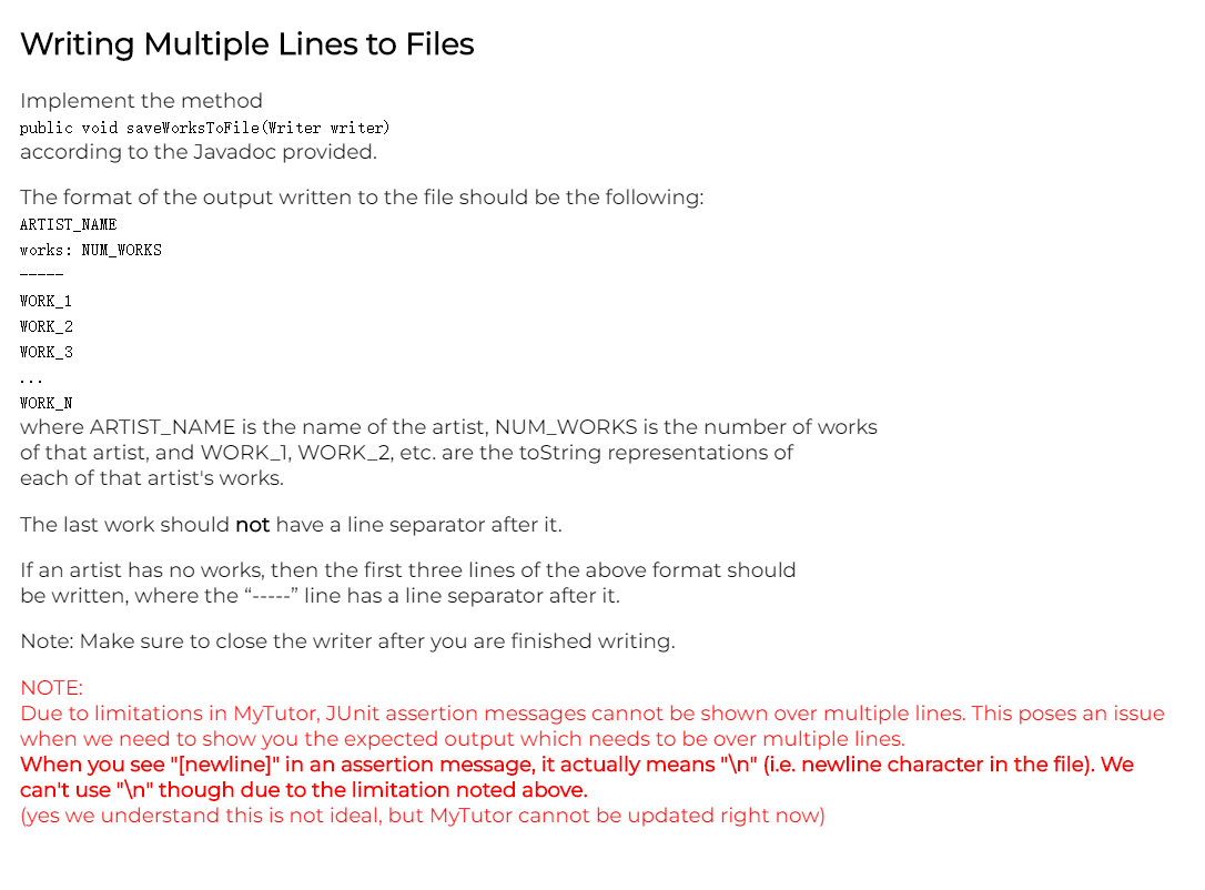 Solved Writing Multiple Lines to Files Implement the method | Chegg.com