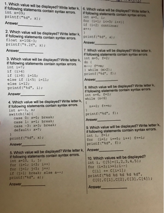 Solved 1. Which value will be displayed? Write letter k 16. | Chegg.com