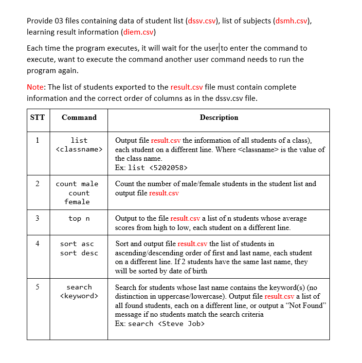 Solved MUST BE IN C 3 CSV files are provided in order: | Chegg.com