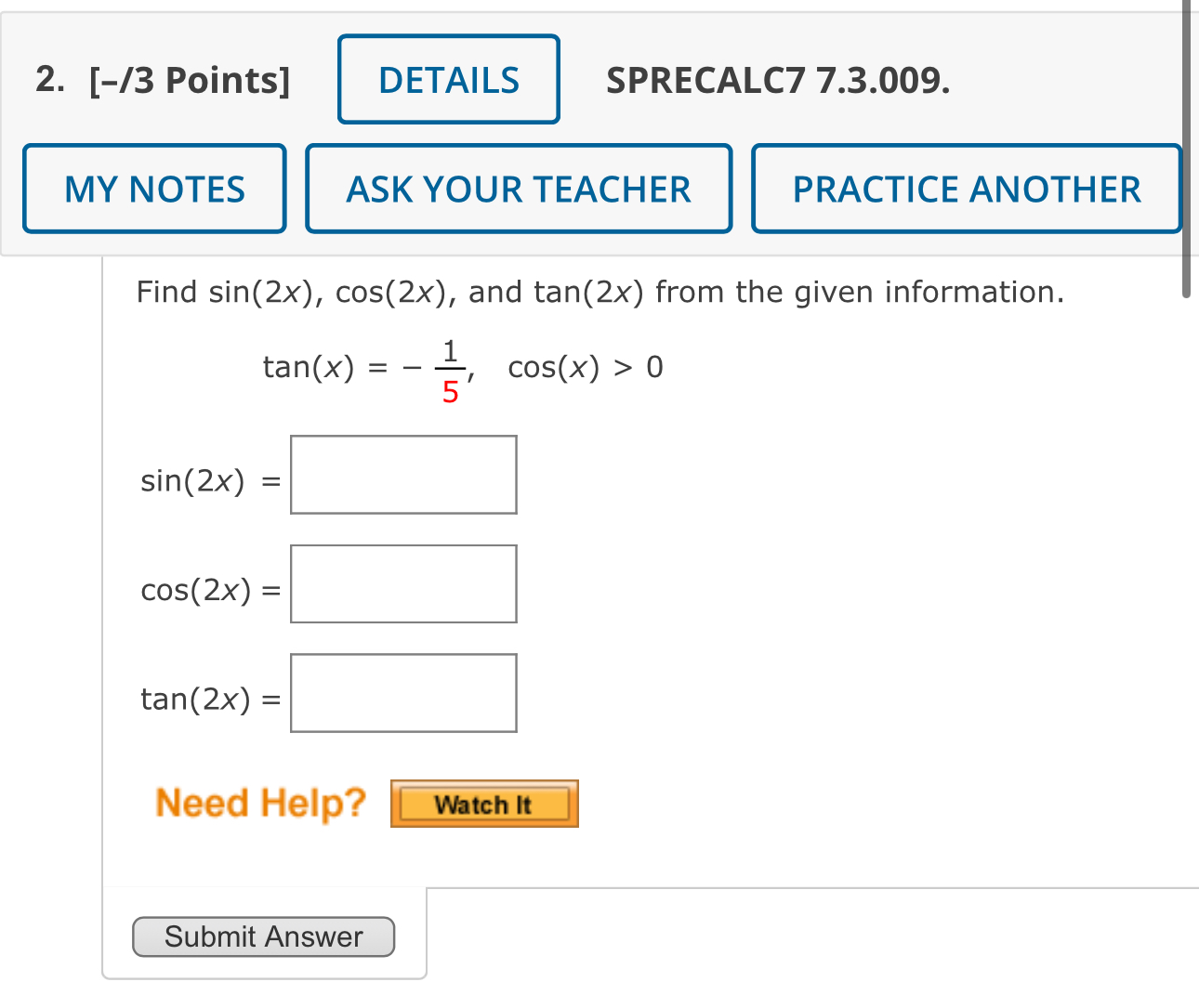 Solved sin(x)=−53Find sin(2x),cos(2x), and tan(2x) from the | Chegg.com