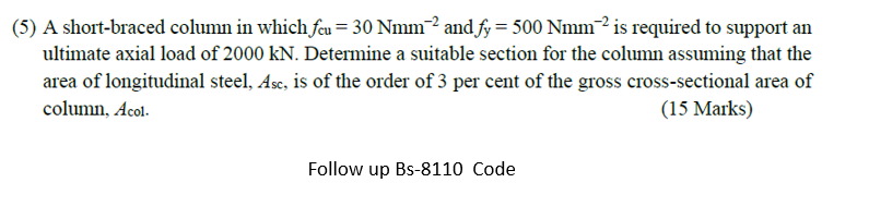 Solved (5) A short-braced column in which fcu=30Nmm−2 and | Chegg.com